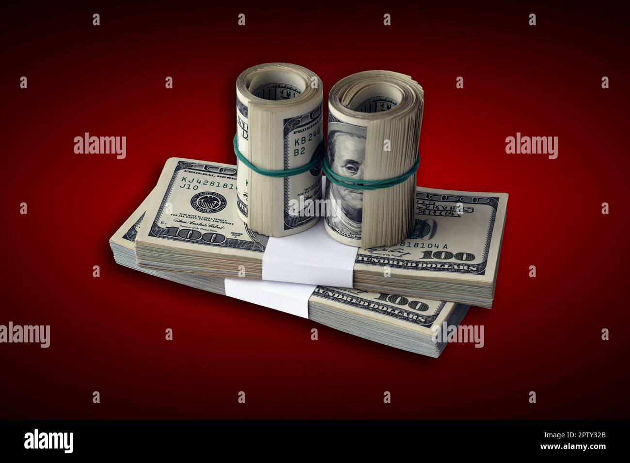 Bundle of US dollar bills on crimson red background. Pack of american ...