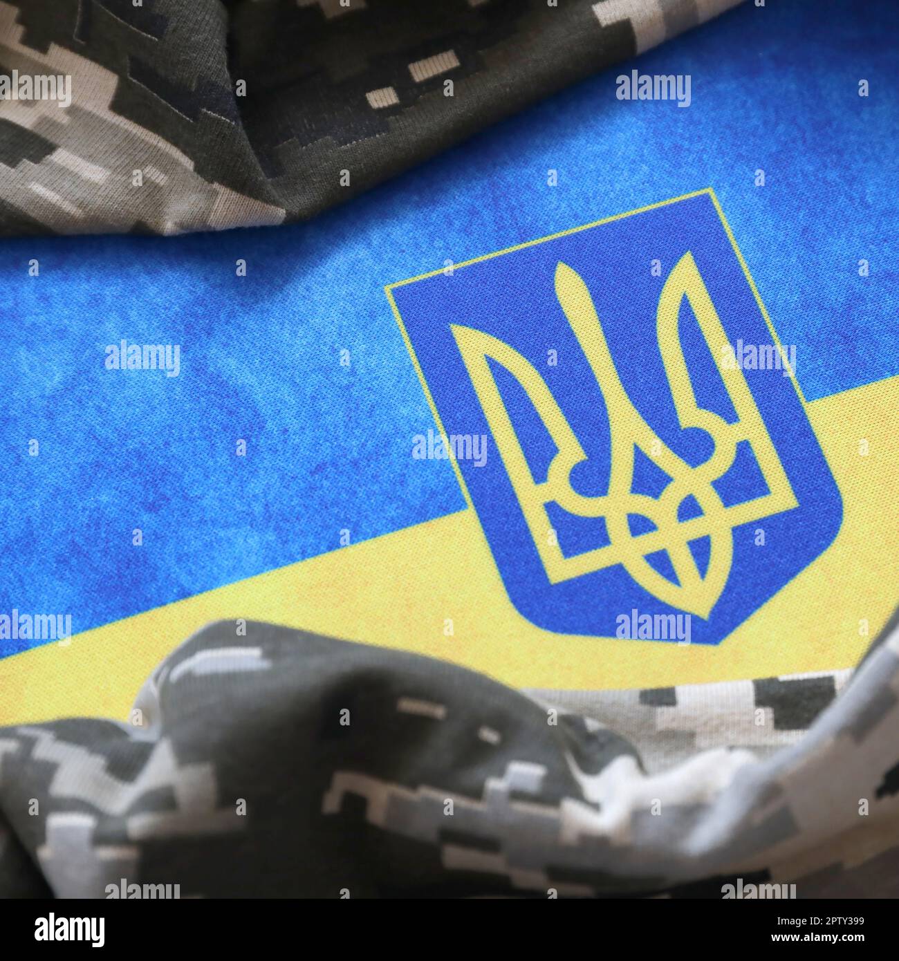 Ukrainian flag and coat of arms with fabric with texture of pixeled ...
