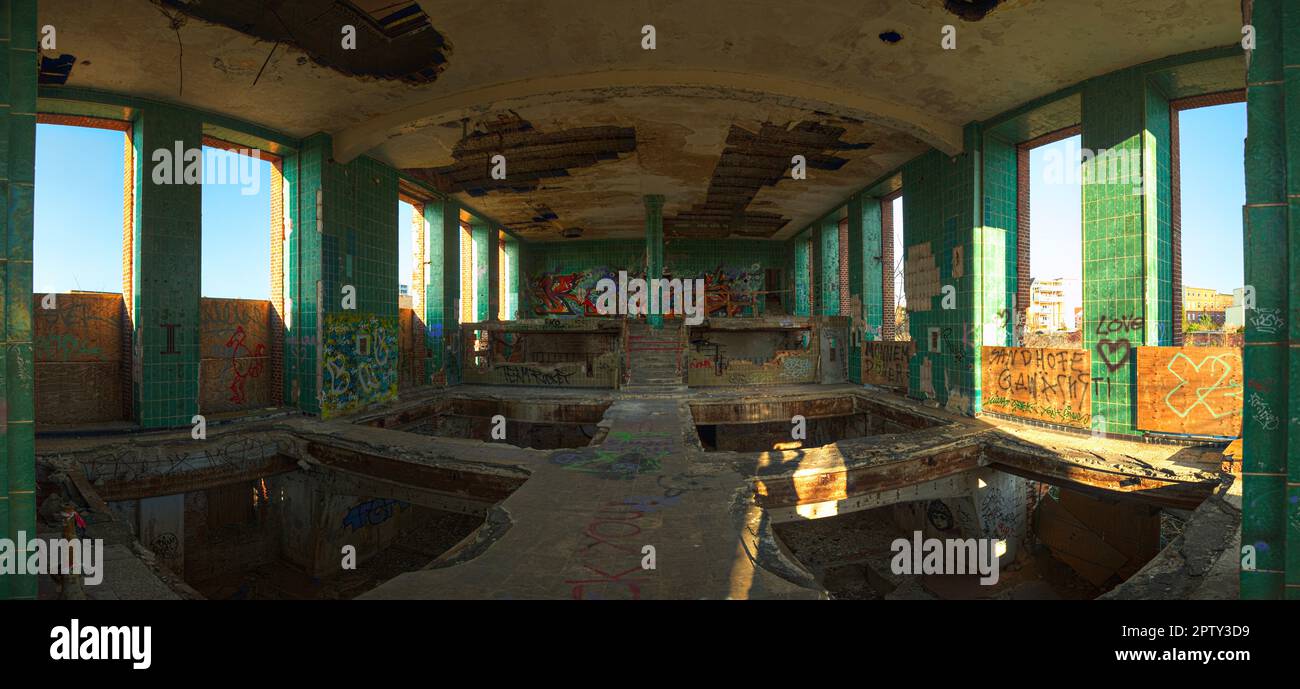 Empty tiled hall of a long abandoned brewery in Germany Stock Photo - Alamy