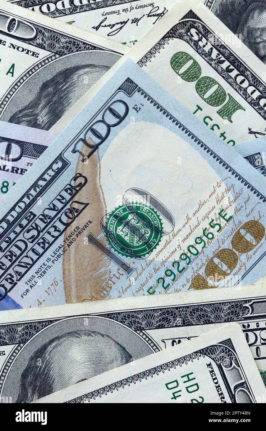 Background of 100 dollar bills. Abstract textured backdrop with many ...