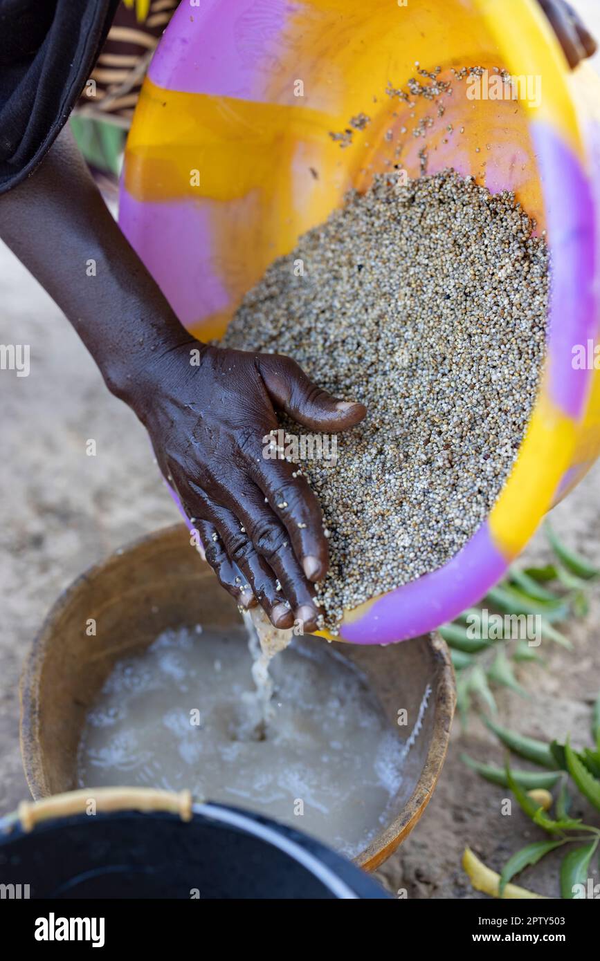 Sifting and washing millet grain harvest in Segou Region, Mali, West ...