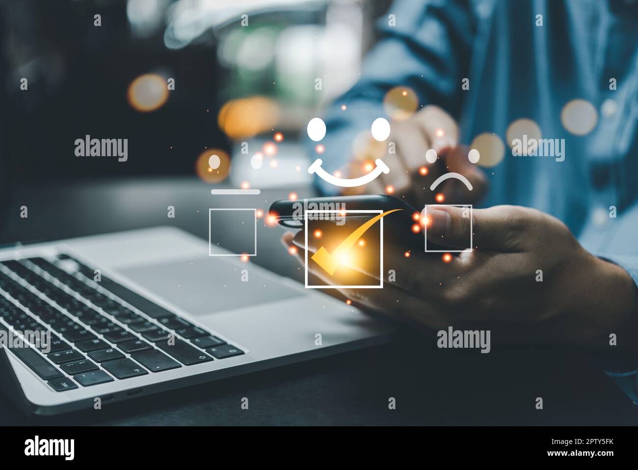 Businessman using laptop computer face emoticon smile in satisfaction ...