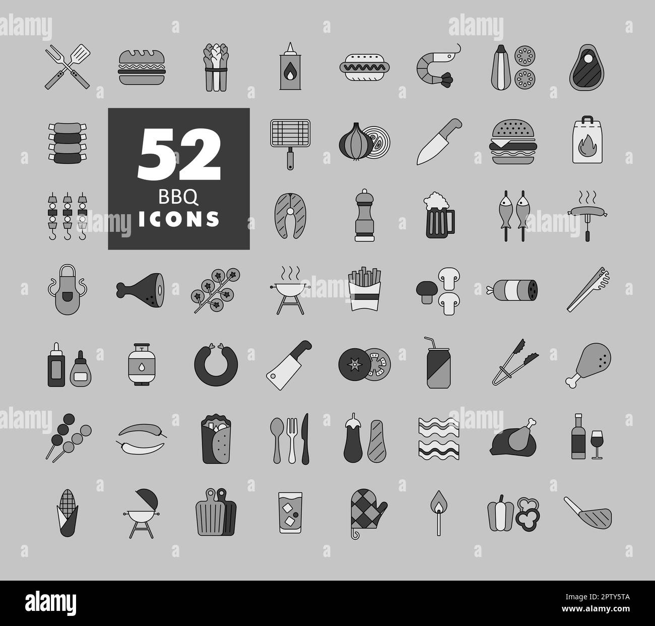 Barbecue and bbq grill grayscale icon set. Graph symbol for cooking web ...
