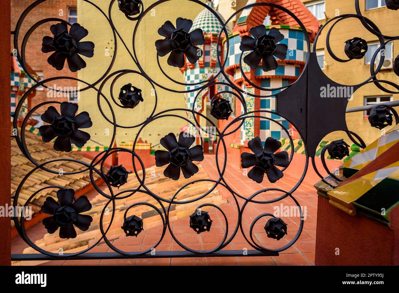 Detail of a wrought iron fence on the roof of the Casa Vicens, designed ...
