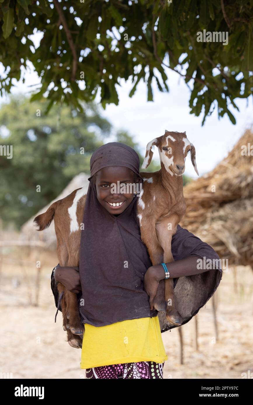 A child holds a goat on her shoulders in Segou Region, Mali, West ...