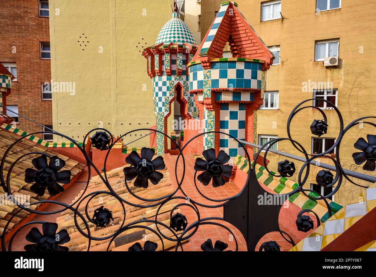 Detail of a wrought iron fence on the roof of the Casa Vicens, designed ...