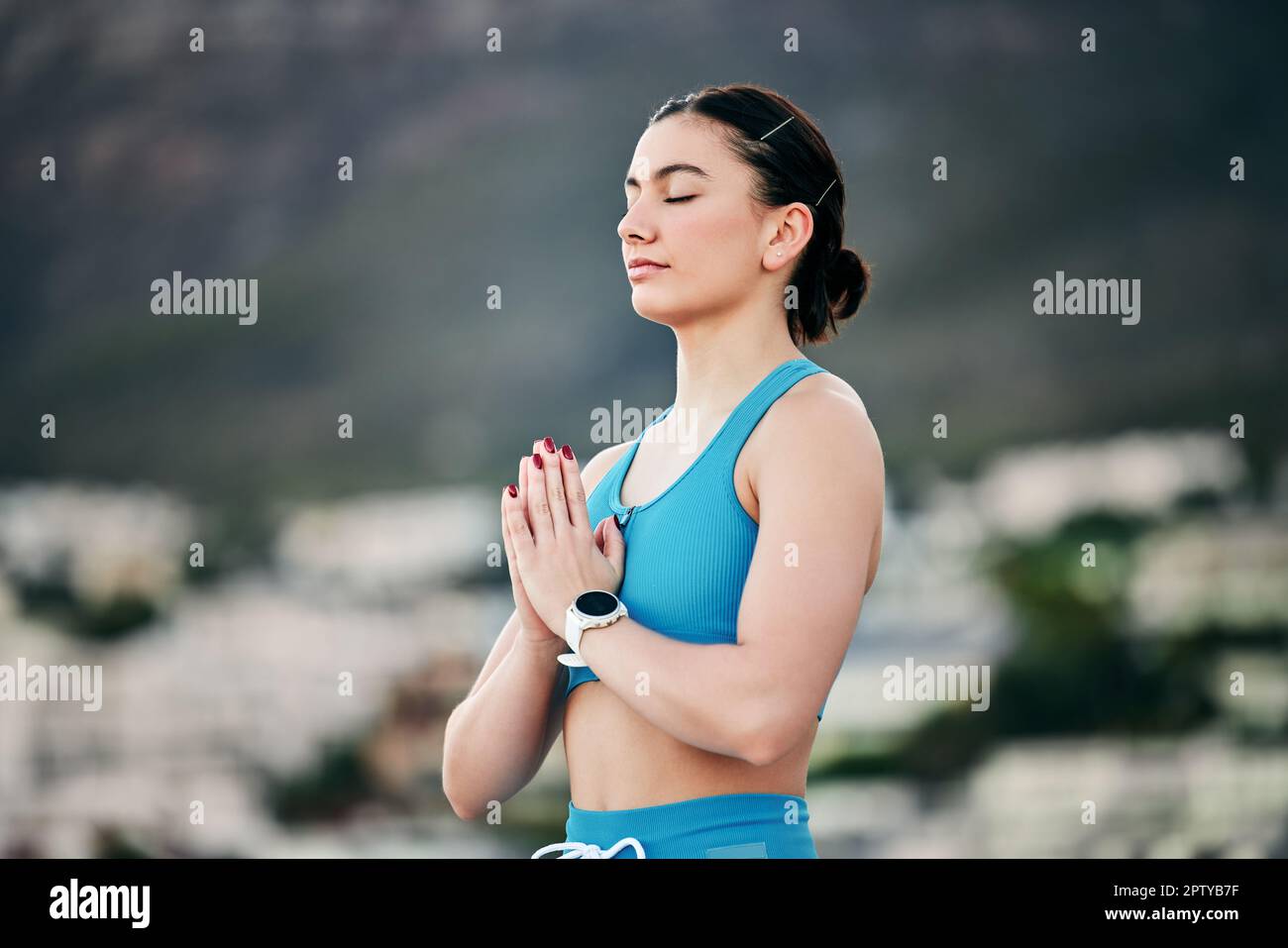 Zen meditation, pray hands and woman outdoor for spiritual fitness ...