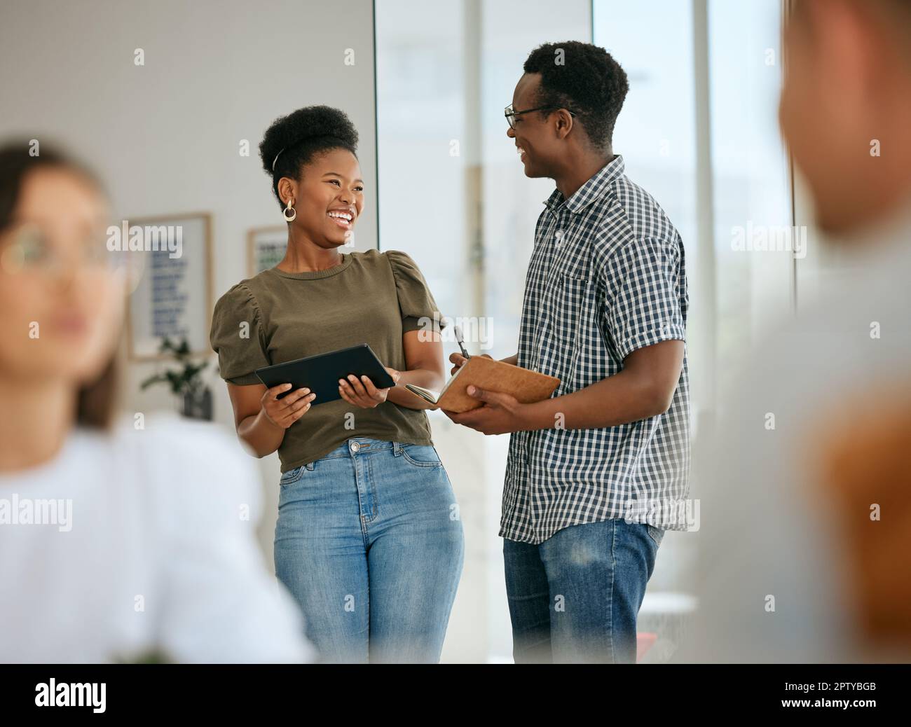 Team, tablet and collaboration meeting in office for interracial ...