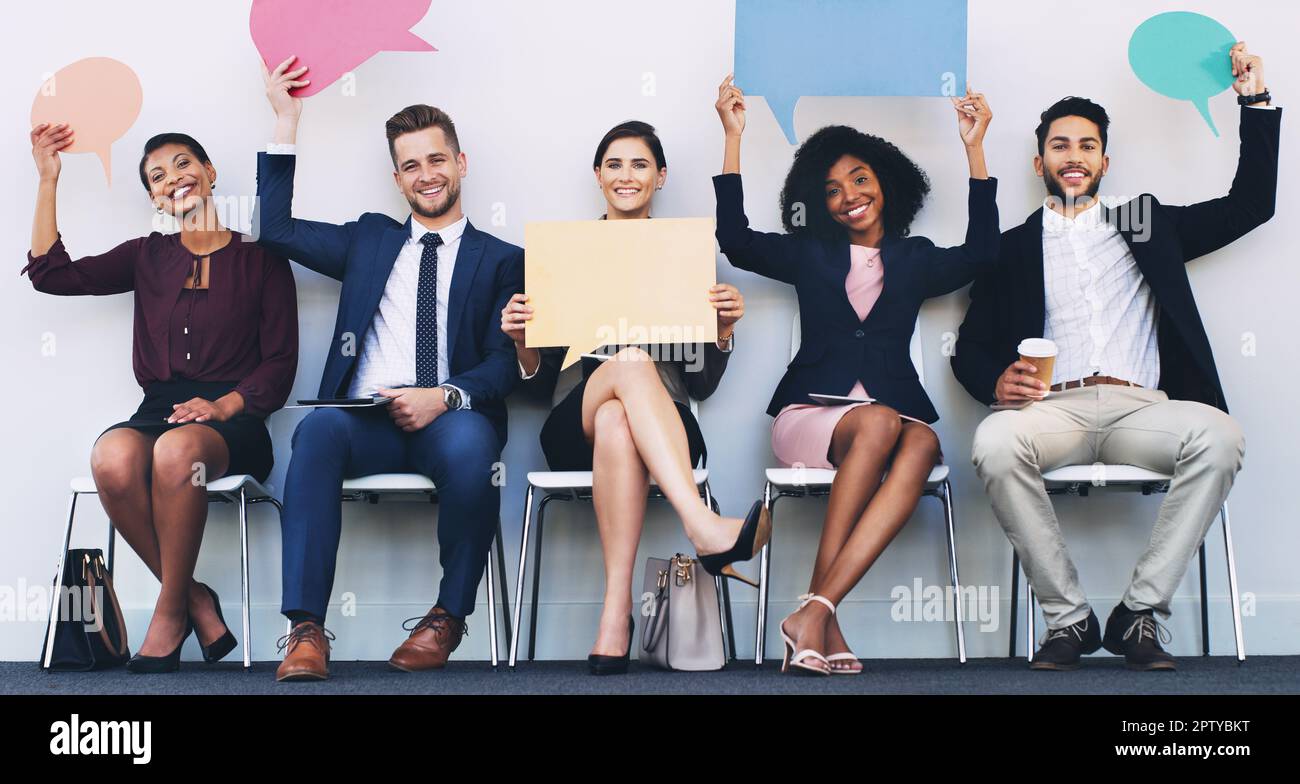 Interview, group and portrait with poster, sign or speech bubble at ...