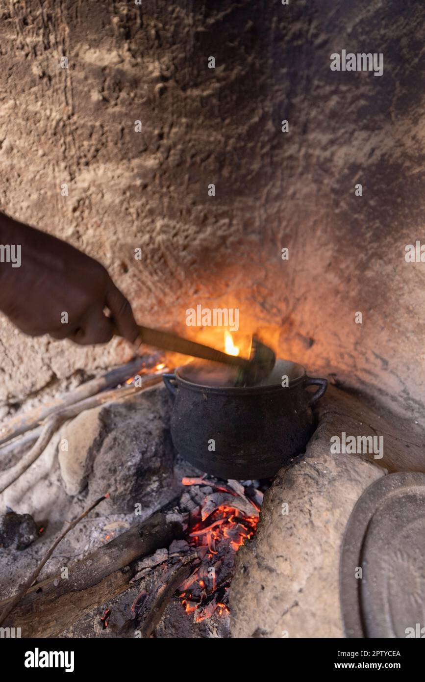 Food in a pot being cooked over a stove in Segou Region, Mali, West ...