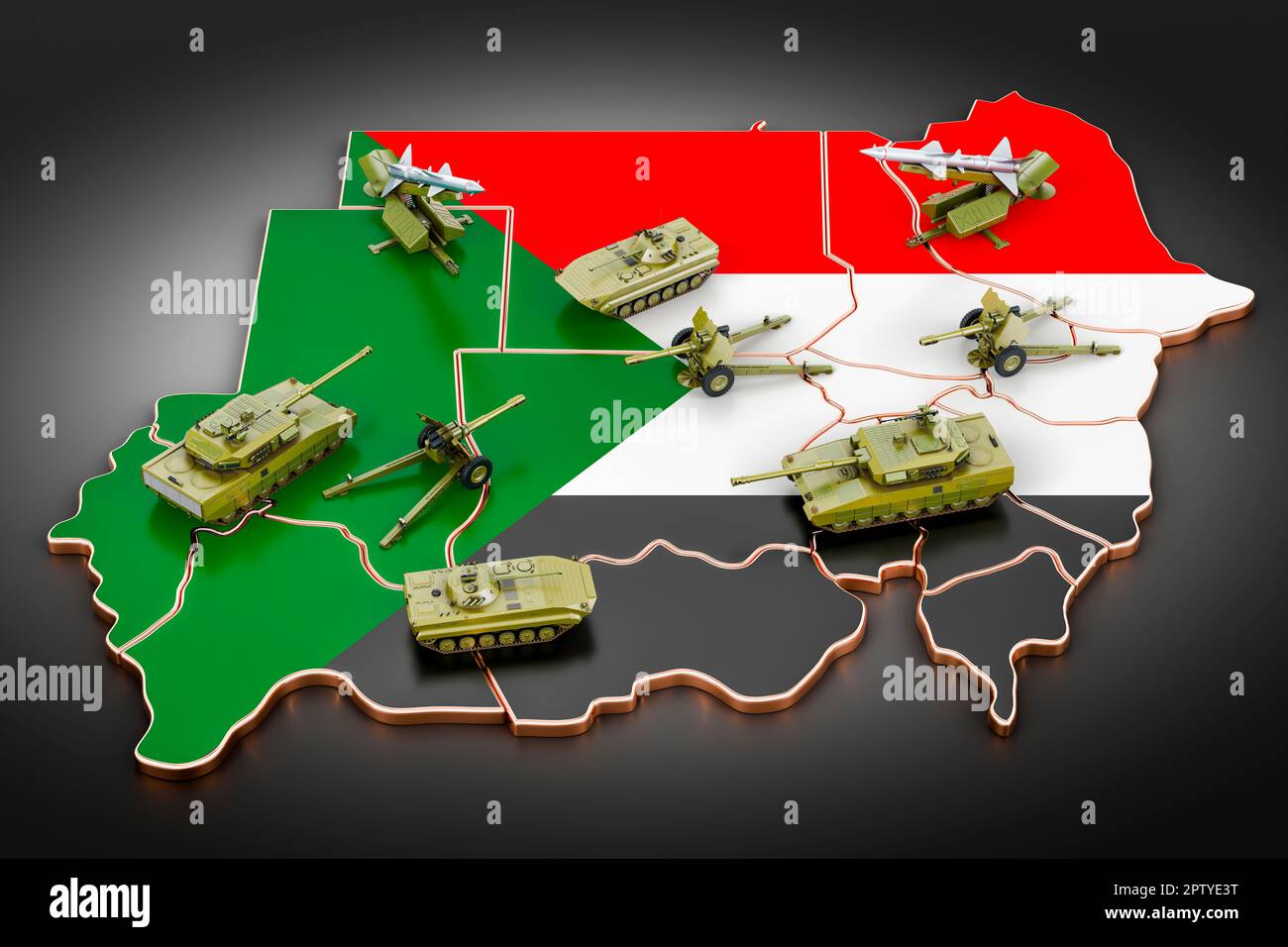 Combat vehicles on Sudanese map. Military defense of Sudan concept, 3D ...