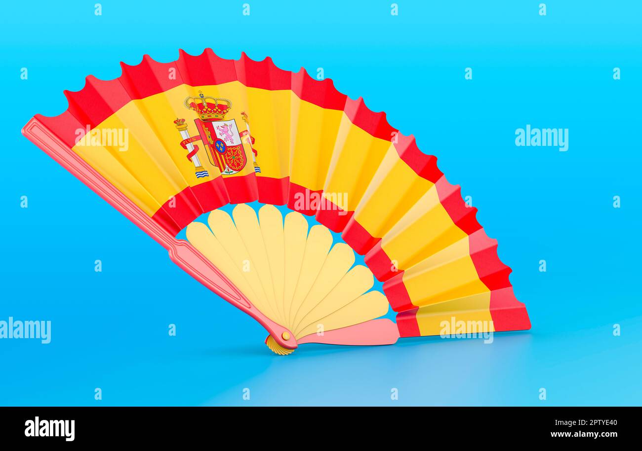 Spanish flag painted on handheld fan, 3d rendering on blue background ...