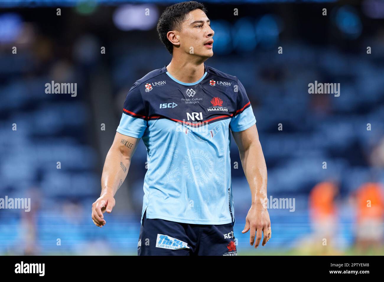 Sydney, Australia. 28th Apr, 2023. Lalakai Foketi of the Waratahs warms ...