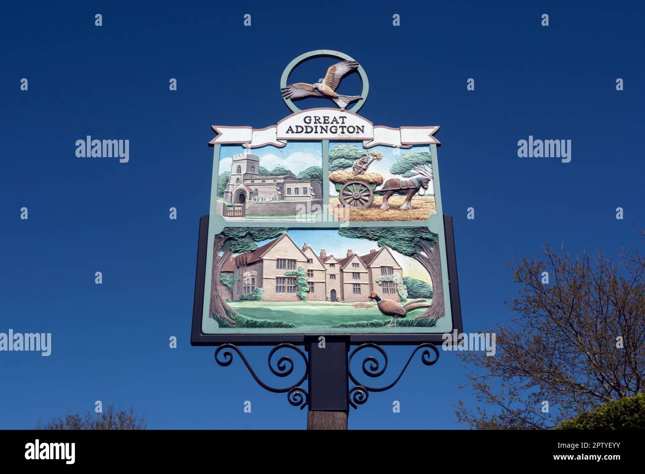 Great Addington village sign, Northamptonshire, England, UK Stock Photo ...