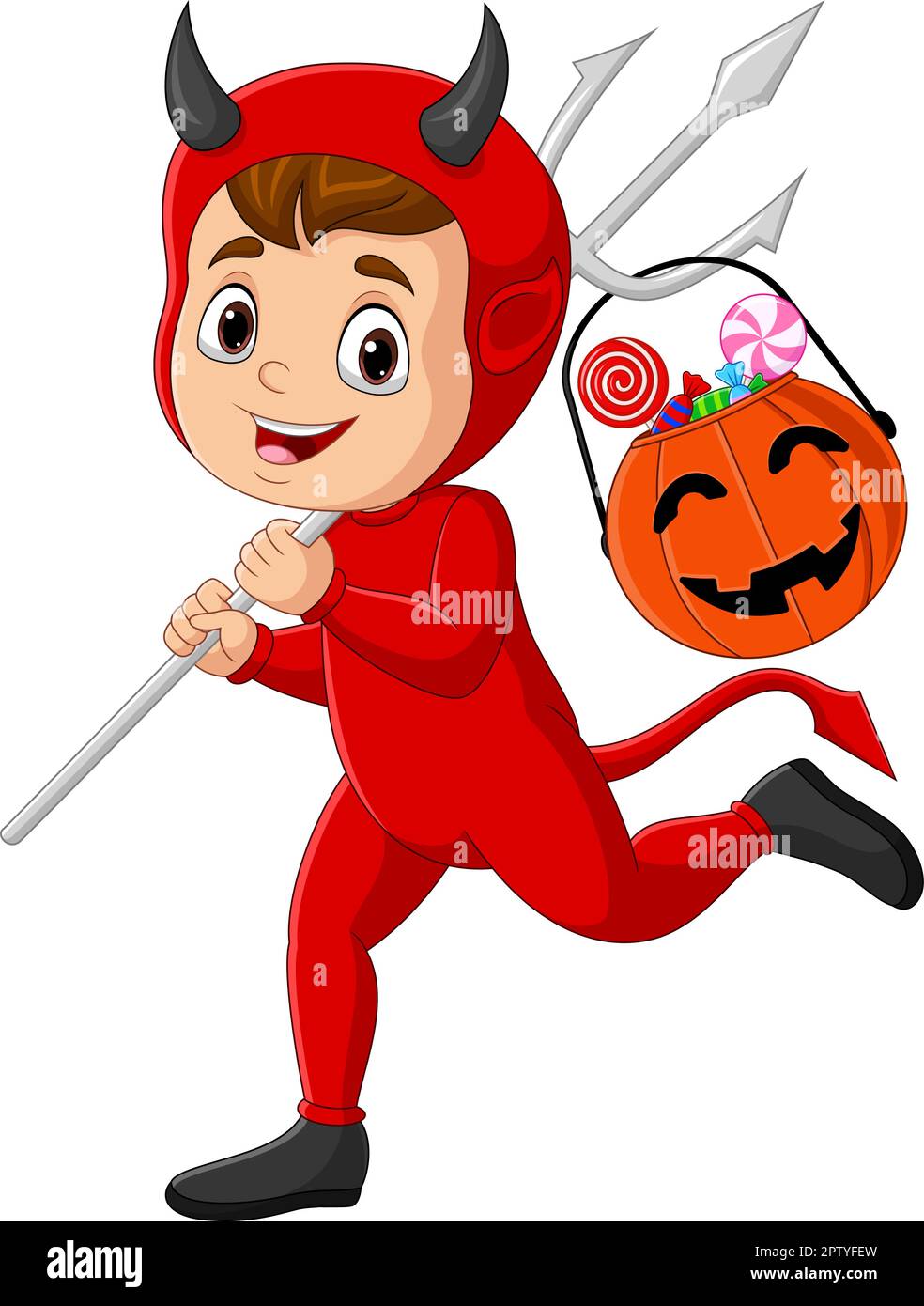 Cartoon red devil carrying candy in a pumpkin basket Stock Vector Image ...