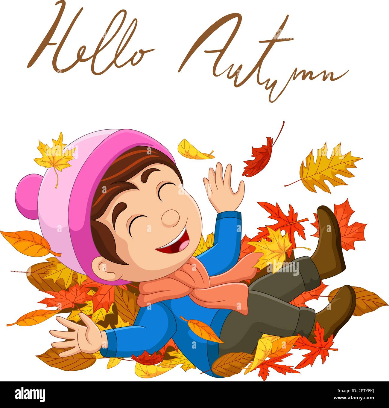 Cartoon happy little boy with autumn leaves Stock Vector Image & Art ...