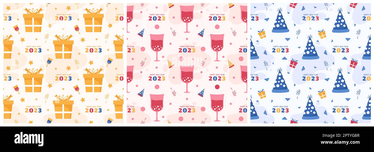 Set of Happy New Year 2023 Seamless Pattern Design with Decoration in ...