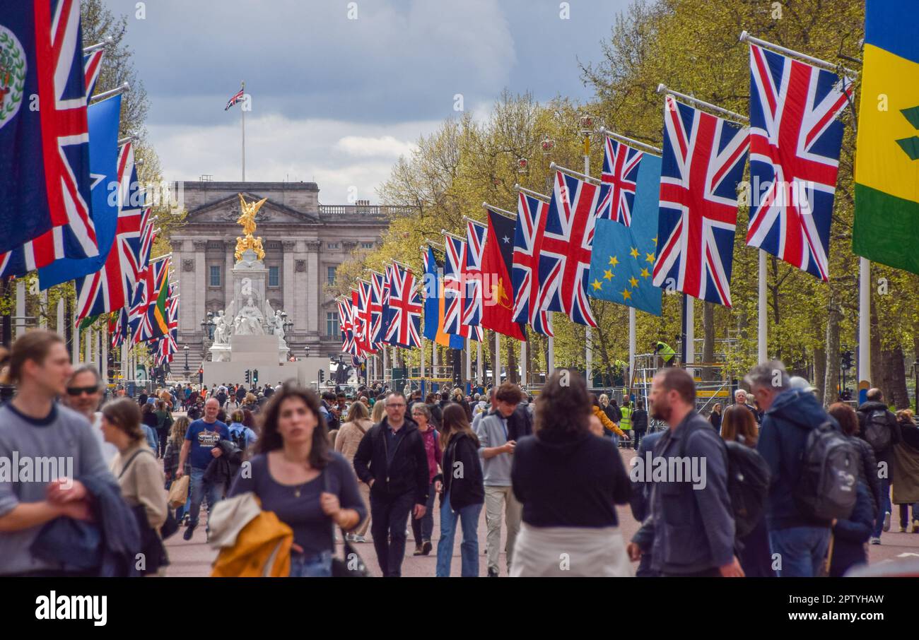 London, England, UK. 28th Apr, 2023. Union Jacks and flags of ...