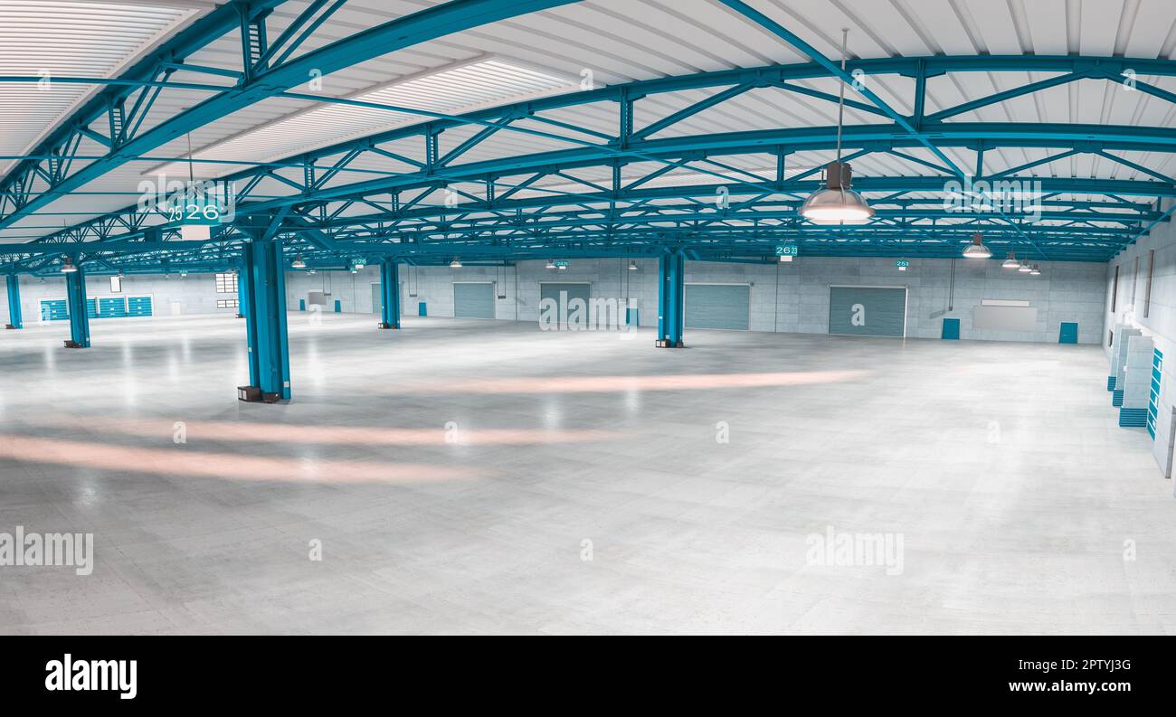 interior of an empty modern warehouse with blue structures. fisheye. 3d render Stock Photo - Alamy