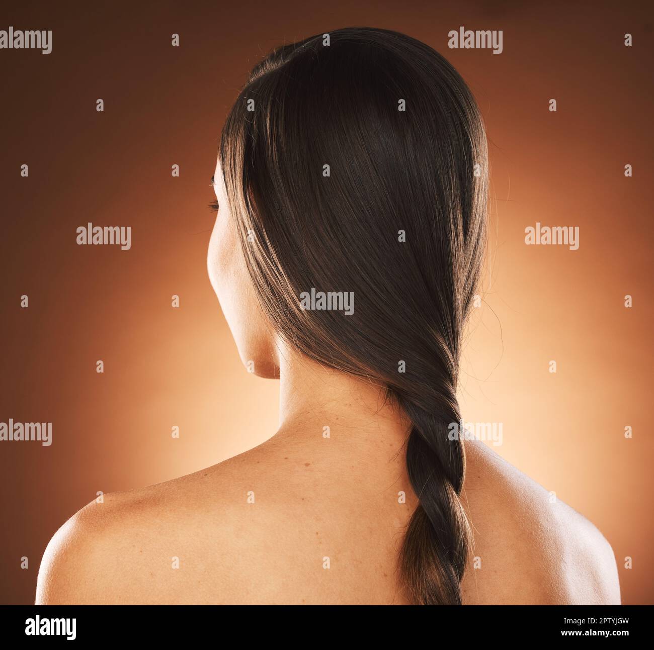 Back view, hair braid and studio woman, beauty salon and cosmetics for ...