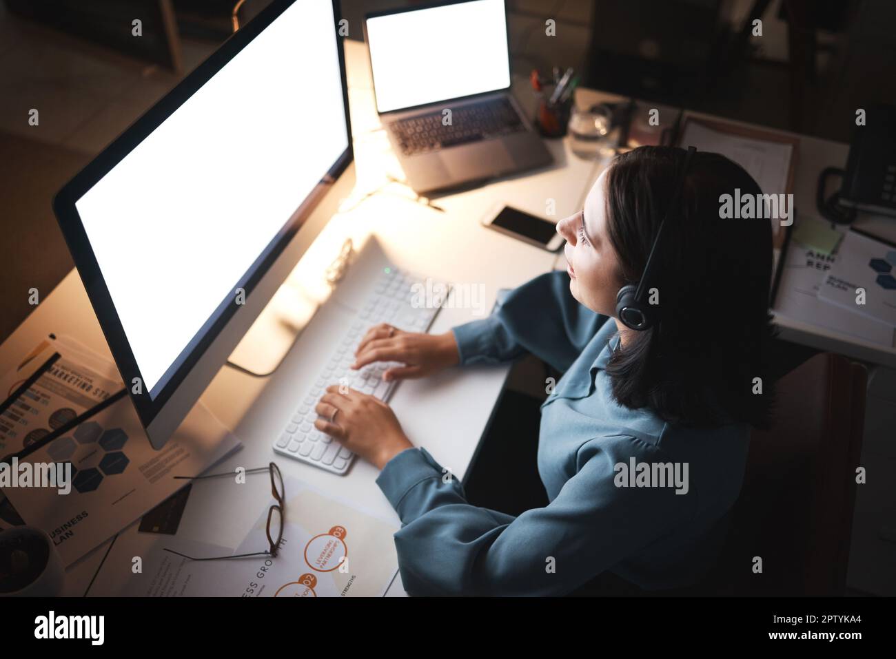 Blank screen, computer and desk writing with mockup of a laptop monitor ...