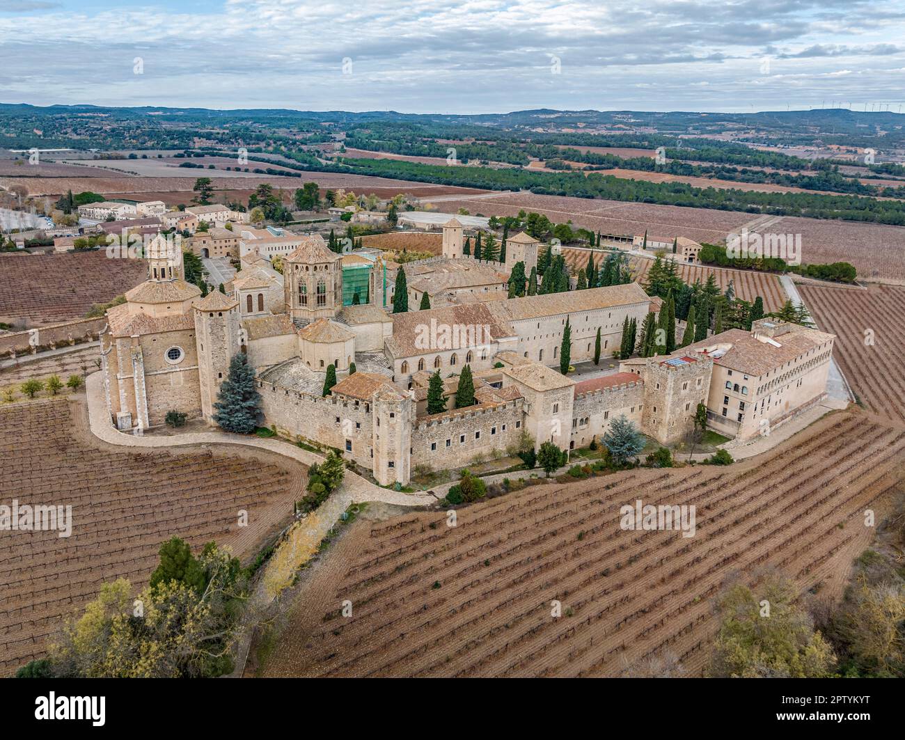 Monastery of Santa Maria de Poblet, Catalonia, Spain, side view with ...