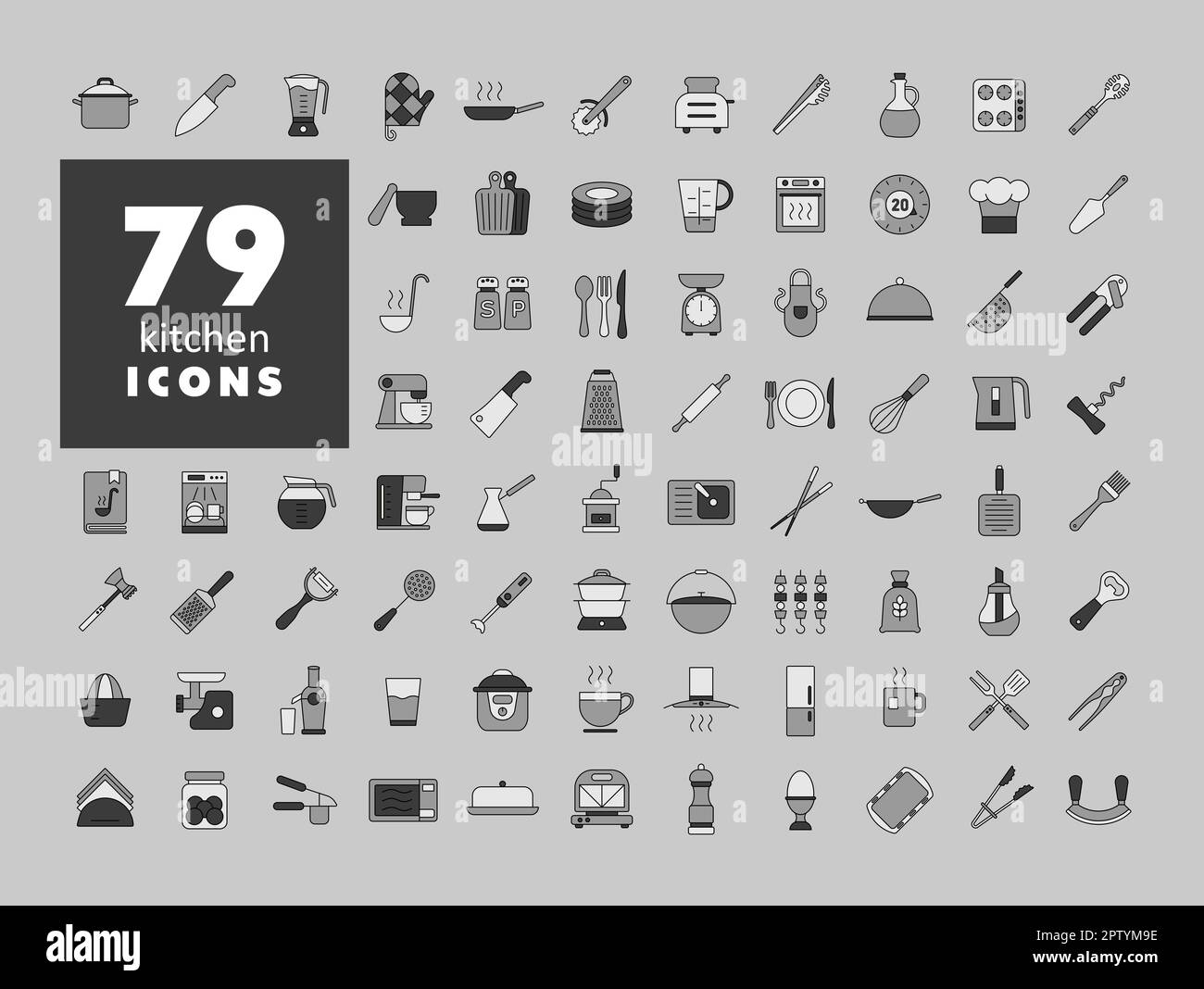 Cooking and kitchen vector color grayscale icons set. Graph symbol for ...