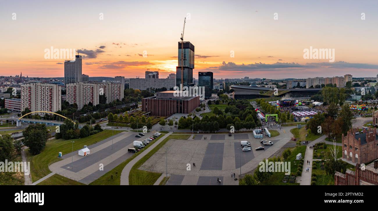 A panorama picture of some of Katowice's landmarks, such as the .KTW ...