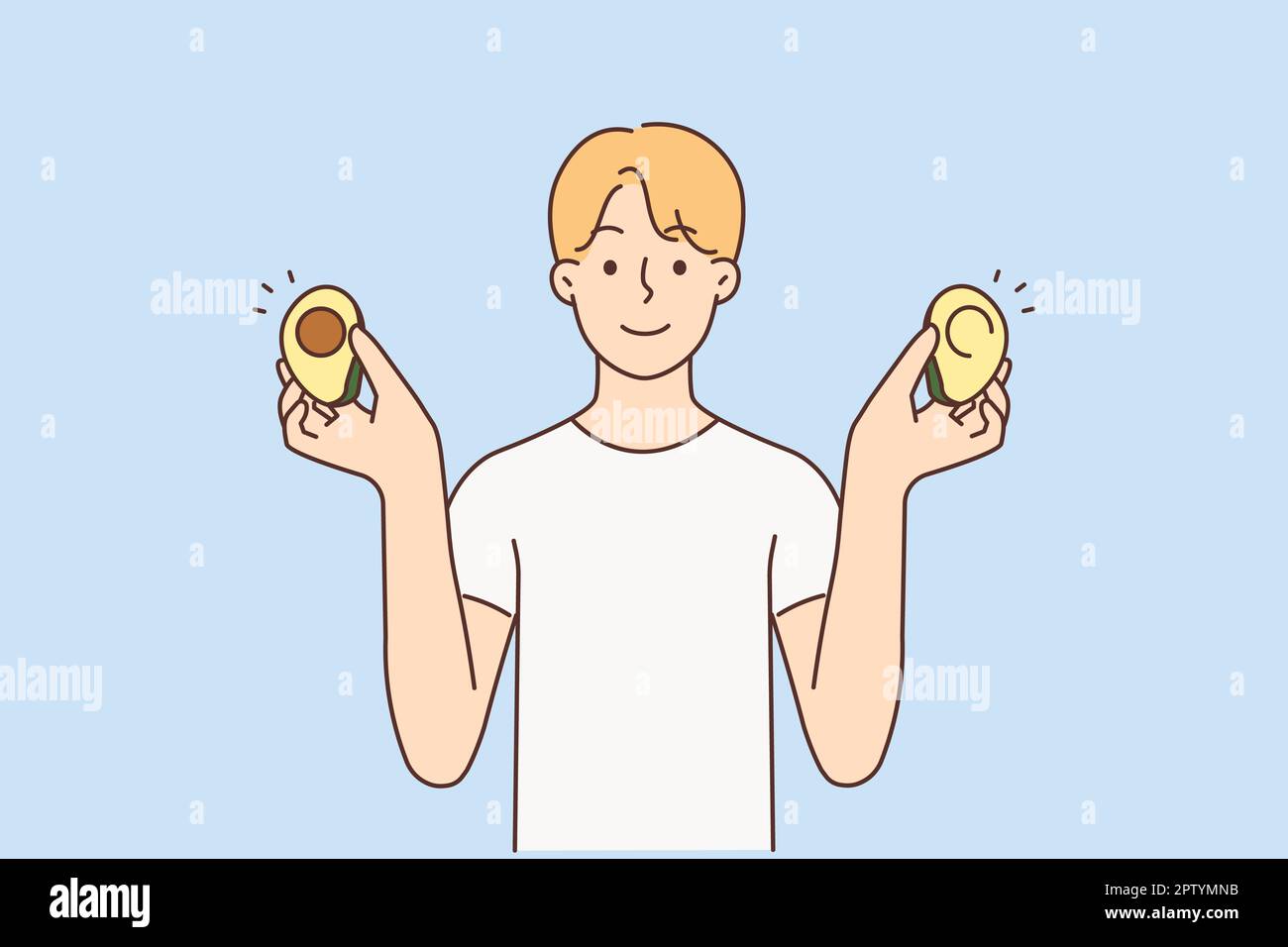 Smiling man holding avocado in hands follow healthy diet. Happy guy ...