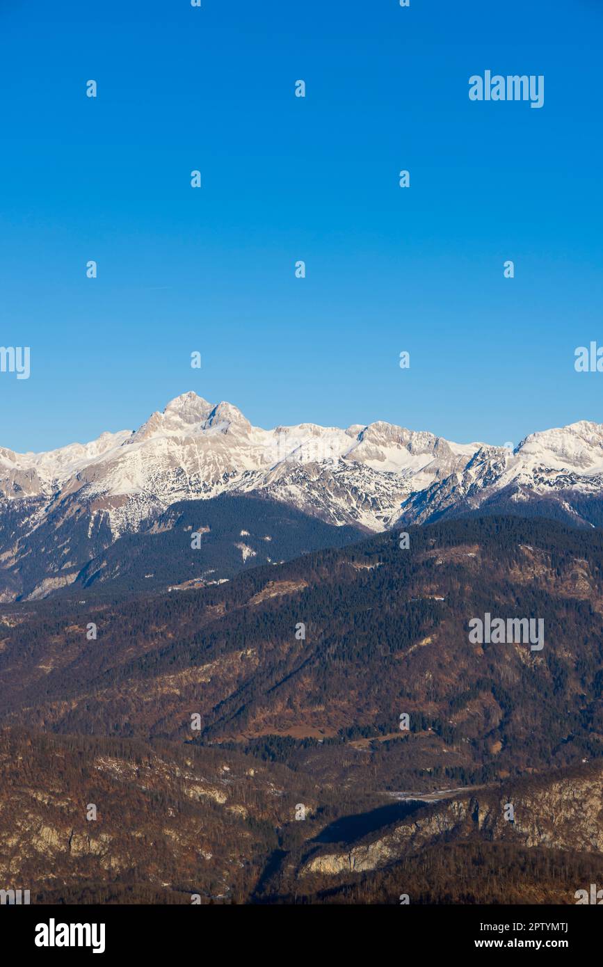 Winter landscape with Triglav peak, Triglavski national park, Slovenia ...