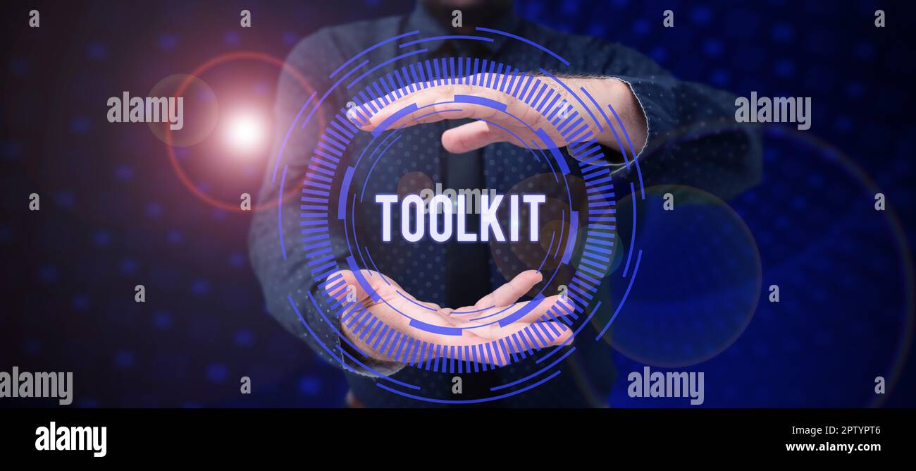 Hand writing sign Toolkit, Business showcase set of tools kept in a bag ...