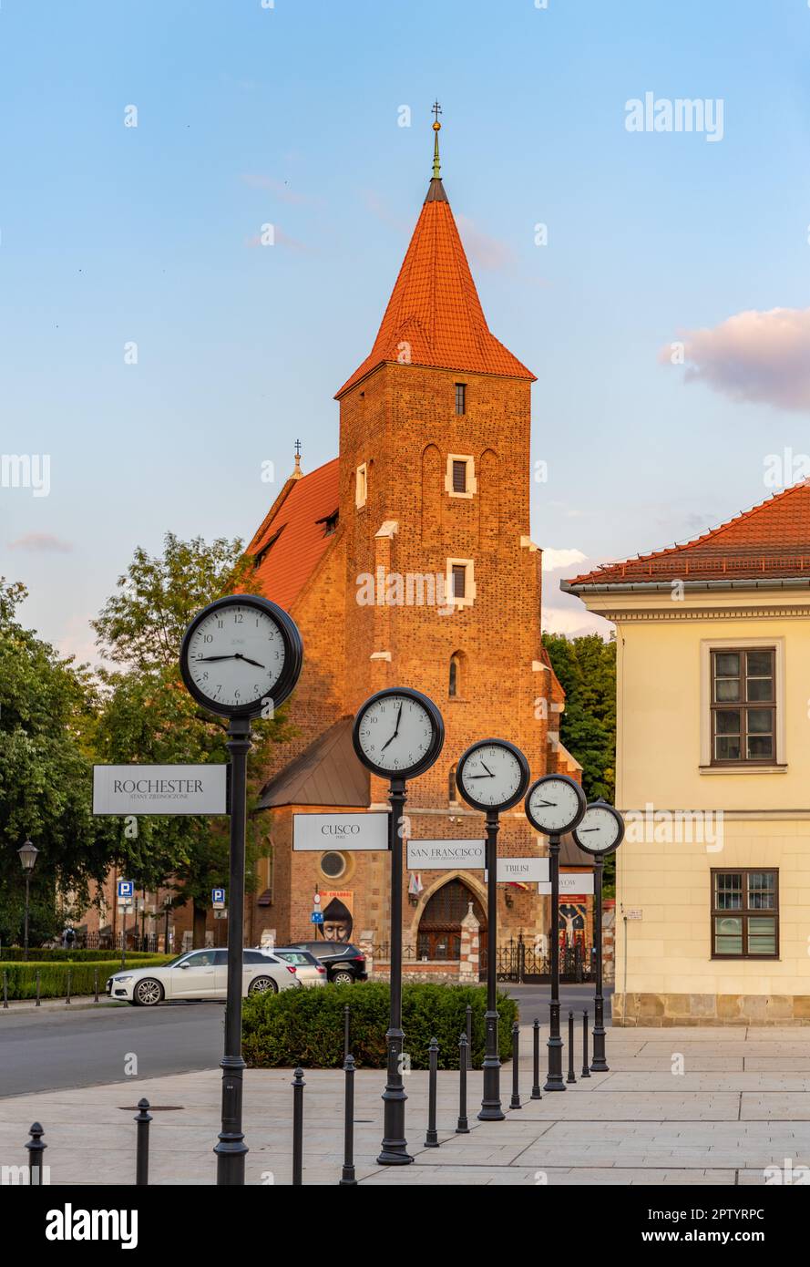 A picture of the city clocks on the Holy Spirit Square and the Church ...