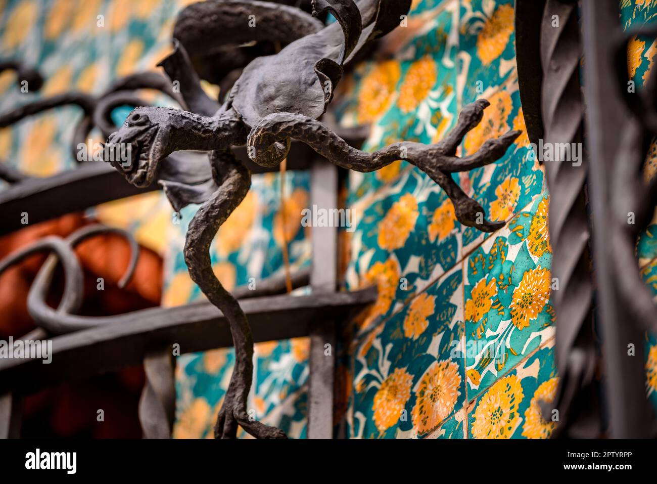 Wrought iron details on the fence of a window on the facade of the Casa ...