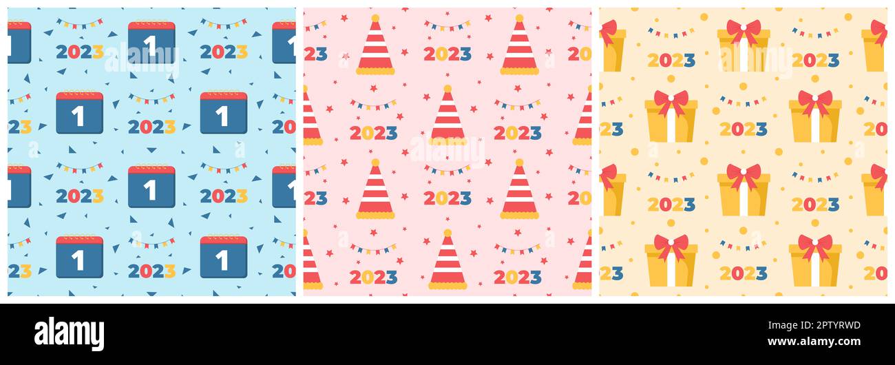 Set of Happy New Year 2023 Seamless Pattern Design with Decoration in ...