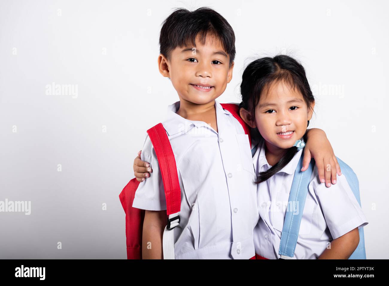 Two Asian student kid girl boy schoolchildren brother sister smile ...