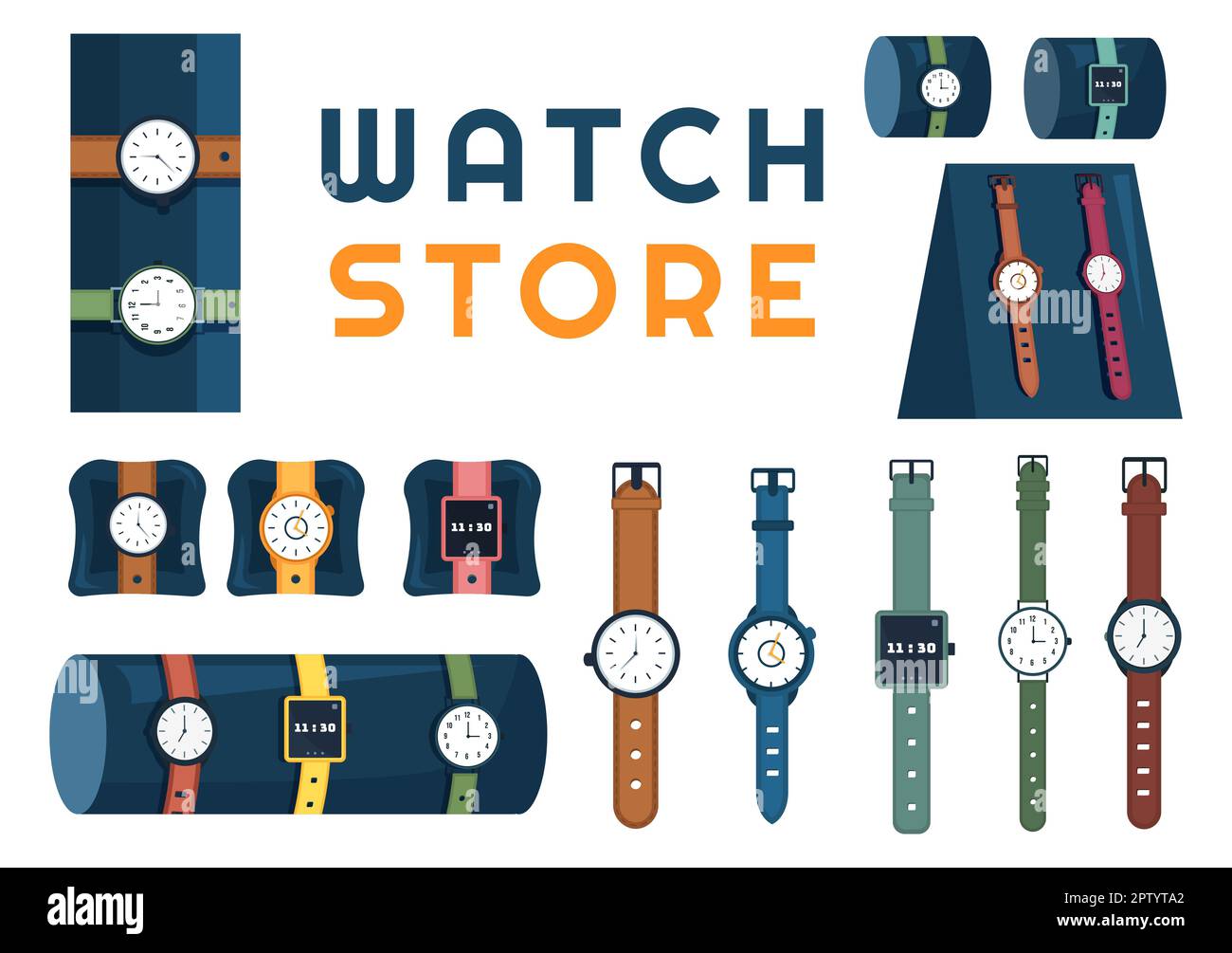 Watches Store with Various Models, Analog and Digital in Flat Cartoon ...