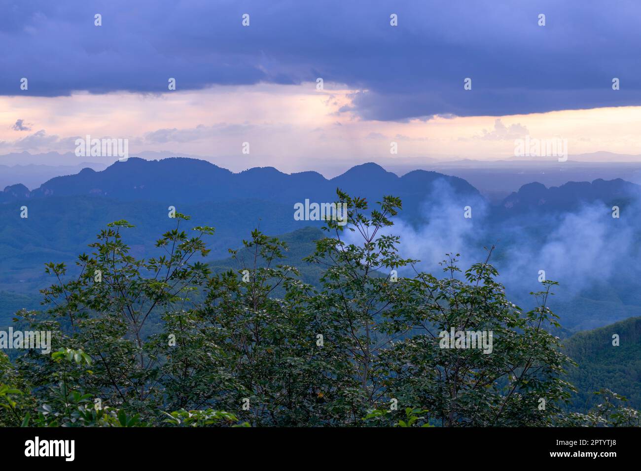View of landscape nature and mist and mountain with sunlight and sunset ...