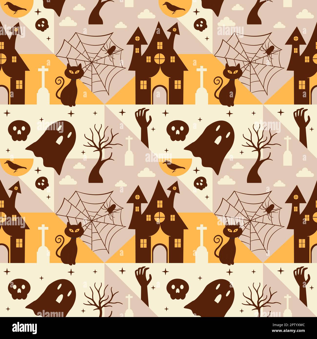 Halloween Seamless Pattern Design With Witch, Haunted House, Pumpkins ...