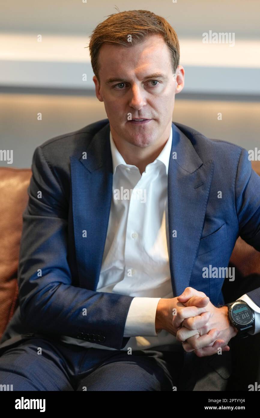 Hugh Evans, CEO of Global Citizen, talks to a reporter during the ...