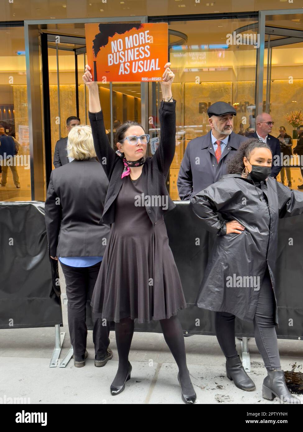 New York, USA. 28th Apr, 2023. Climate Change protestors throw black ...