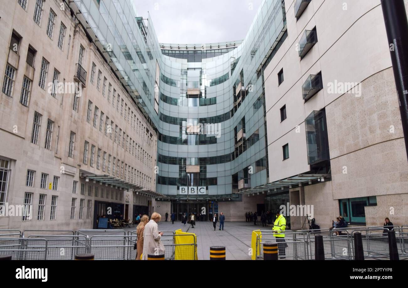 London, UK. 28th April 2023. Exterior view of Broadcasting House, the ...