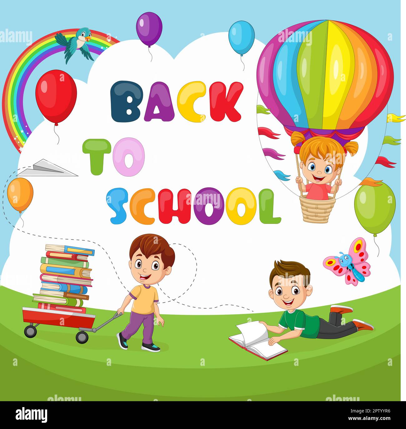 Back to school. Happy children riding on school bus and hot air balloon ...
