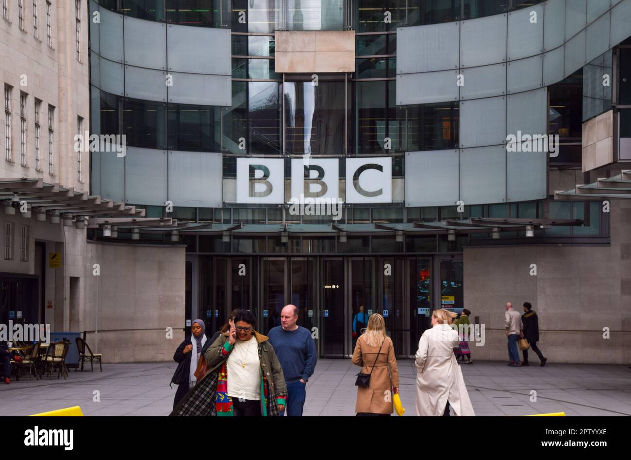 London, UK. 28th April 2023. Exterior view of Broadcasting House, the ...