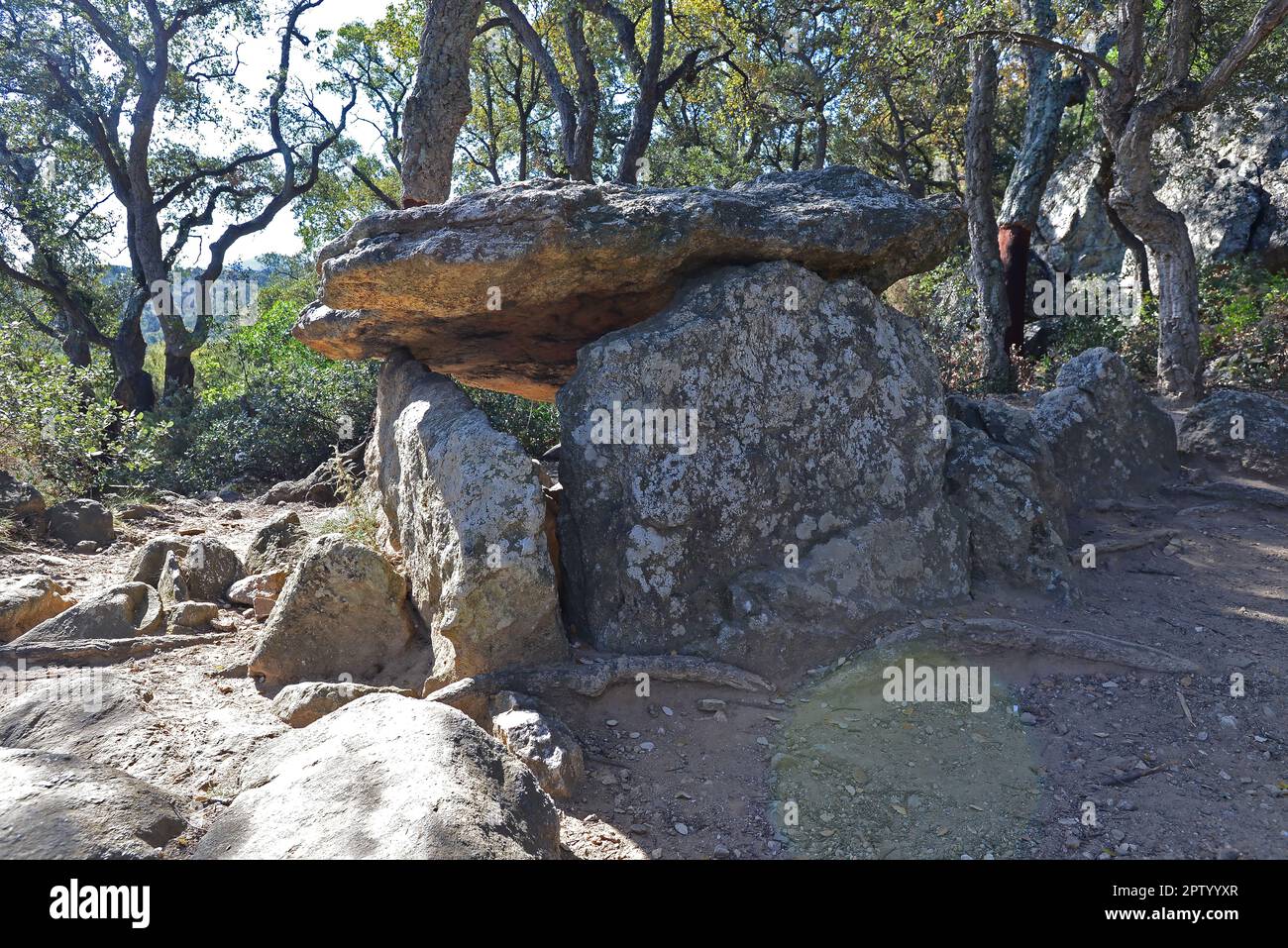A prehistoric dolmen, made from four vertical wall slabs of stone and a ...