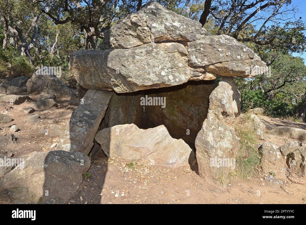 A prehistoric dolmen, made from four vertical wall slabs of stone and a ...