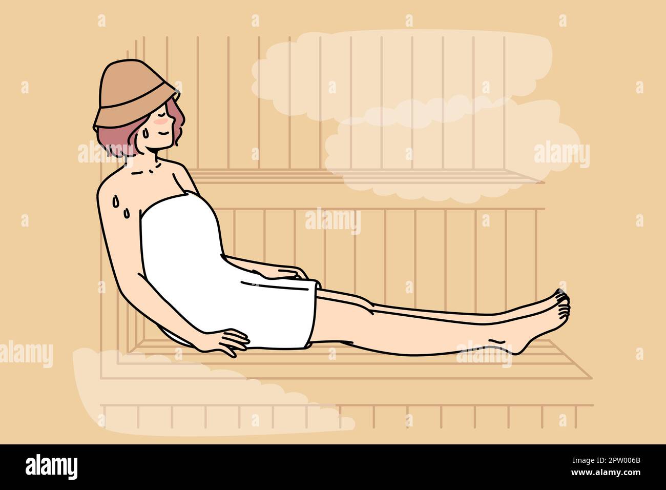 Woman in felt hat wrapped in body towel sits, sweating on bench in ...