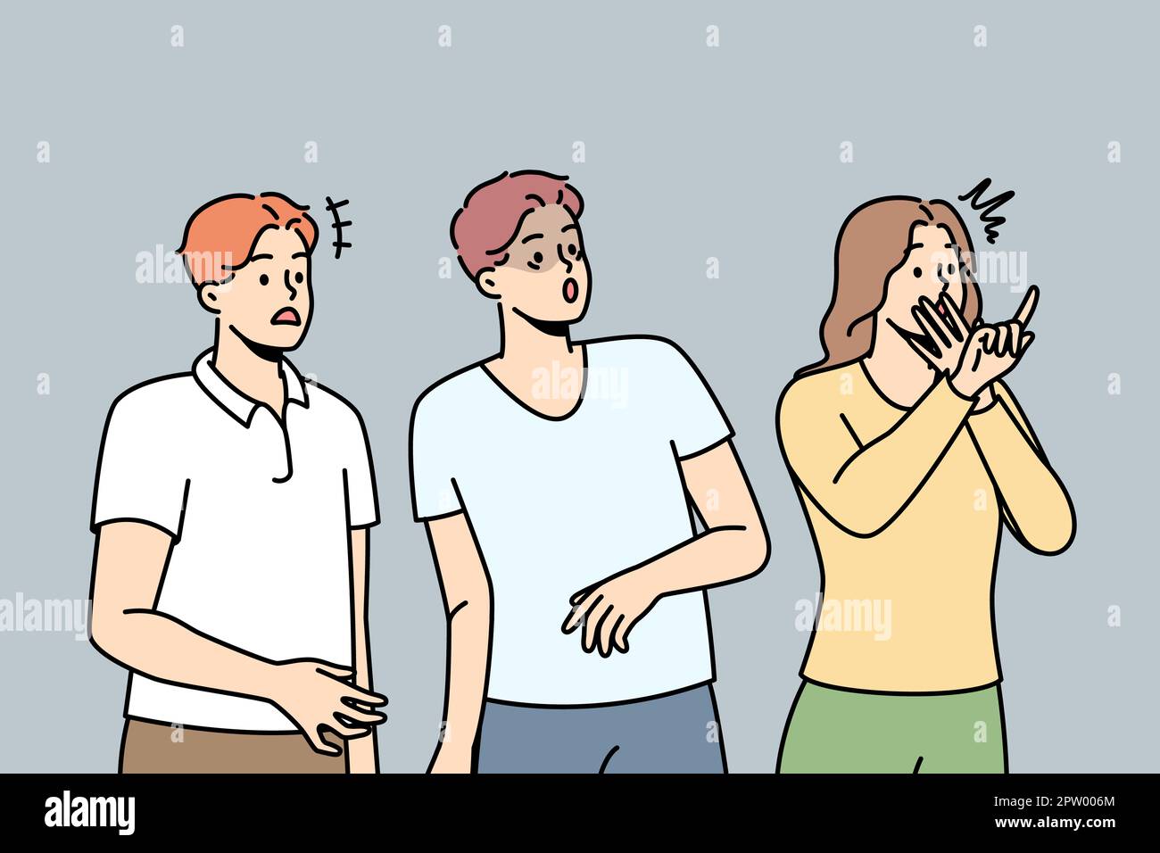 People watch unpleasant event in fear and excitement. Men, woman look ...