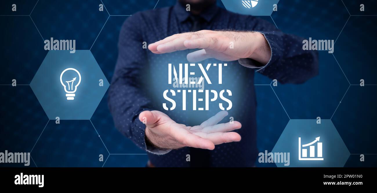 Hand writing sign Next Steps, Word for numper of process going to be ...