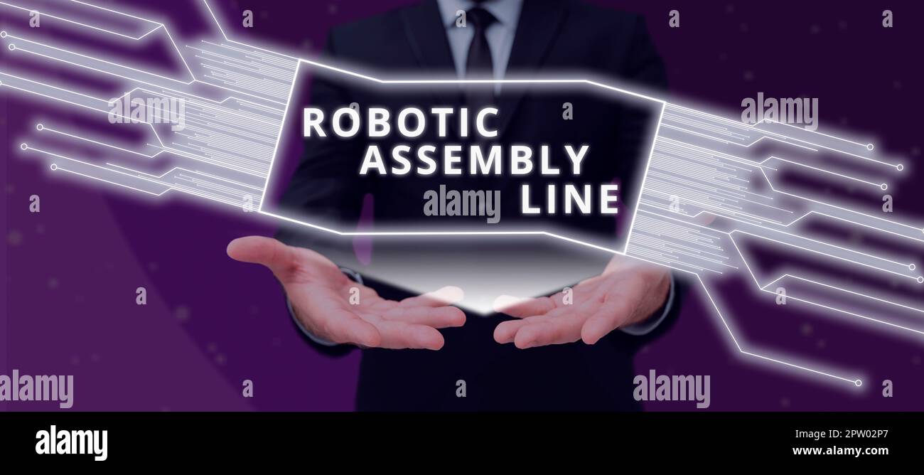 Conceptual caption Robotic Assembly Line, Business idea use to increase ...
