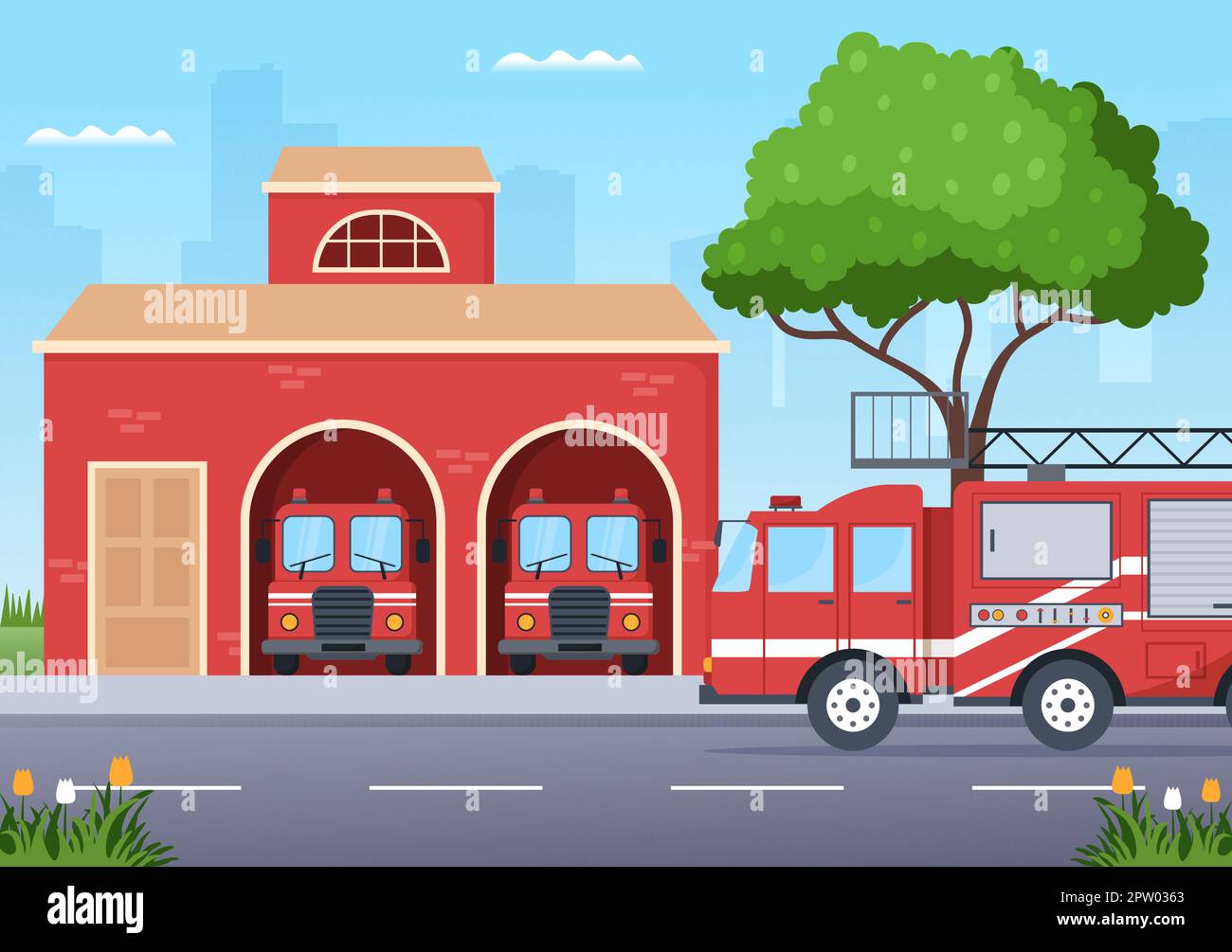 Fire Department with Firefighters Extinguishing House, Forest and ...